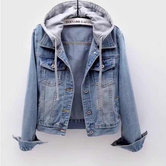 Jackets & Coats | Bernard Lafond Light Blue Denim Jacket With Gray Hood ...